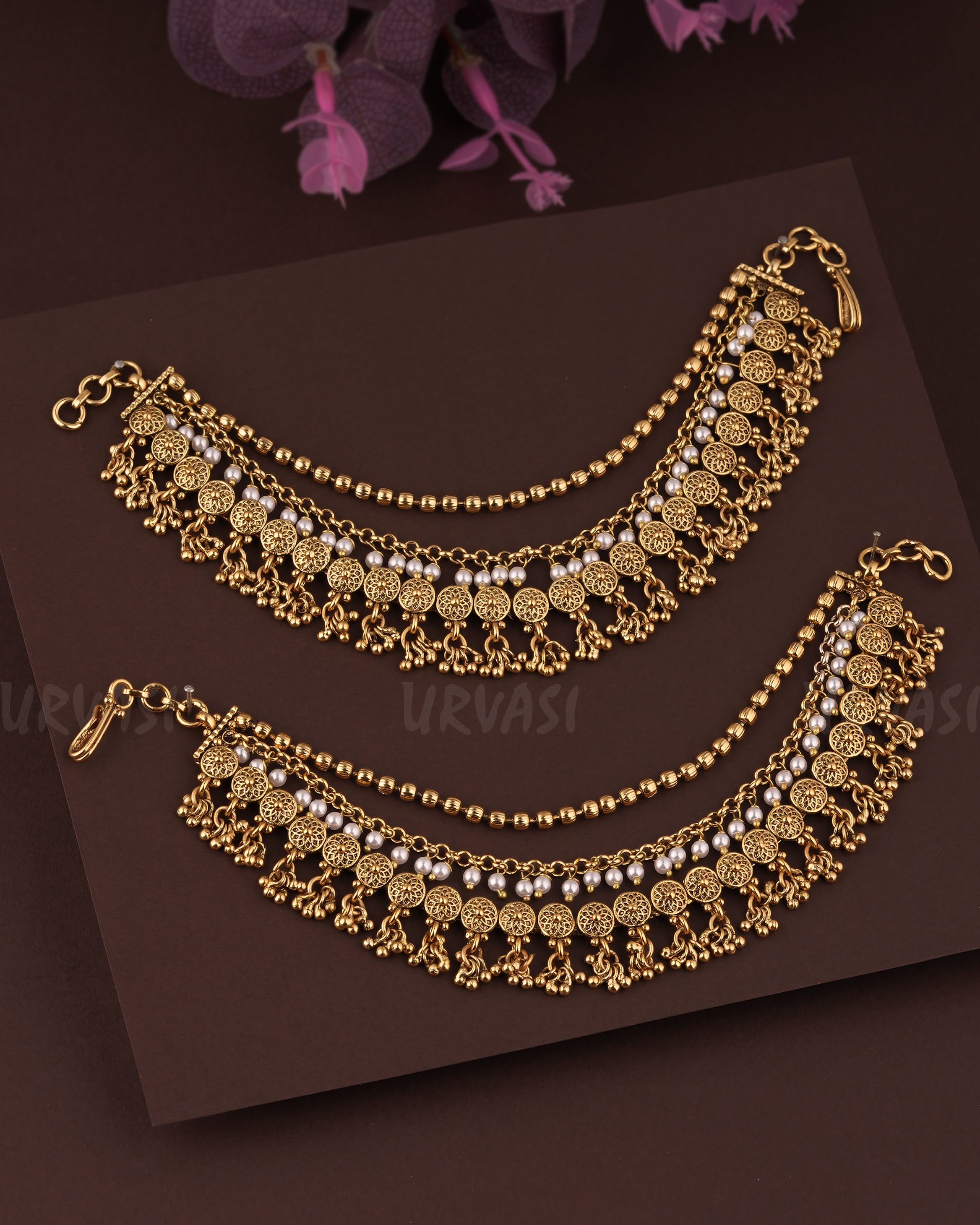 Gold Polish Floral Designed Beaded Three Layer Ear-Chain EC 90 – URVASI ...